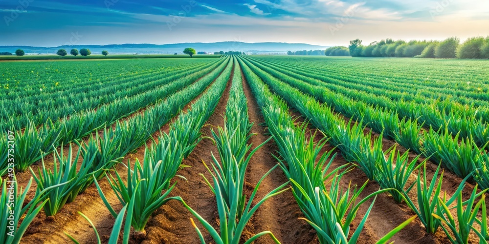Vibrant onion field with rows of green crops, agriculture, farm ...