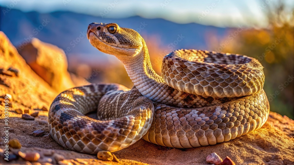 Sleek western diamondback rattlesnake coiled on a rocky outcropping ...