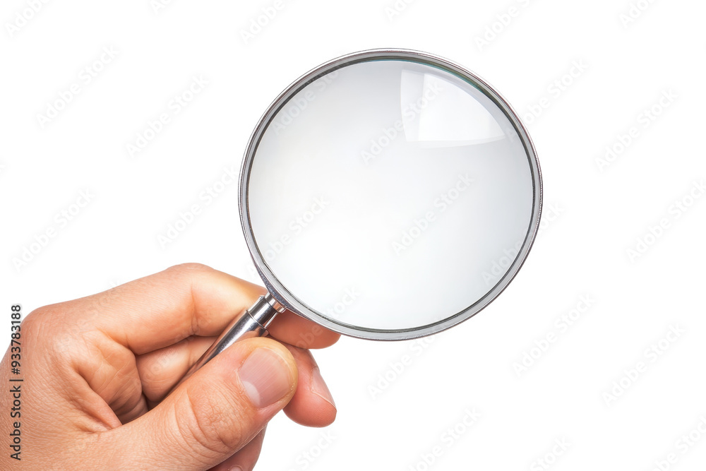 Close-up hand holding a magnifying glass isolated on transparent ...