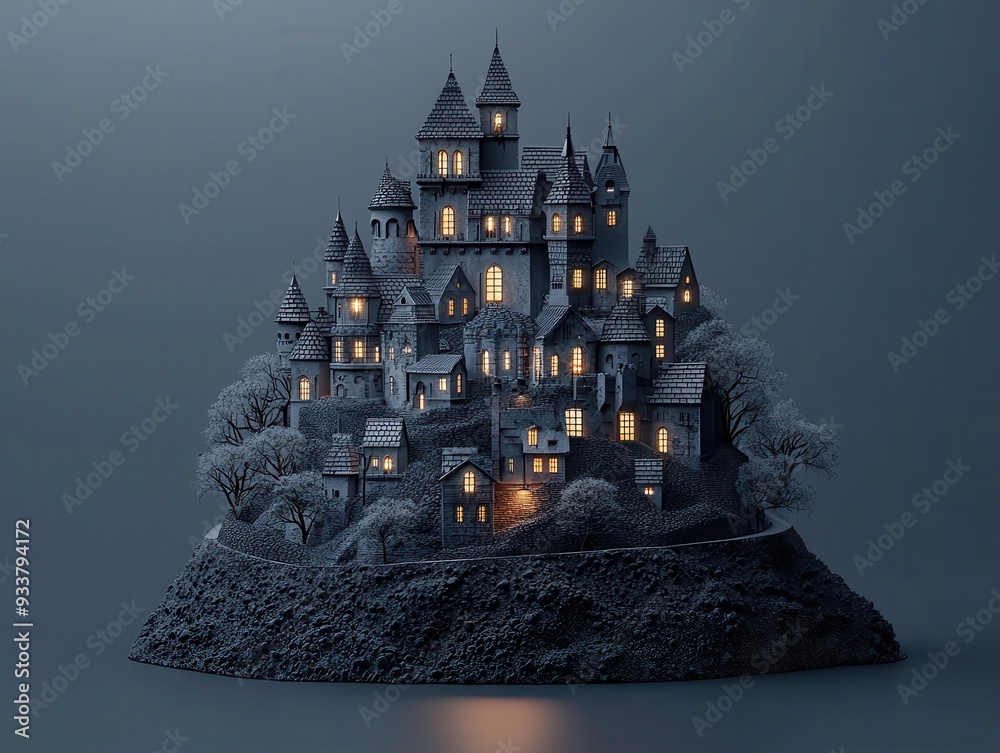scary castle on a hill with no trees One single light on in one window ...