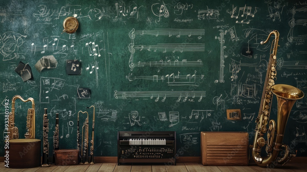 A green chalkboard filled with hand-drawn musical notes and diagrams ...