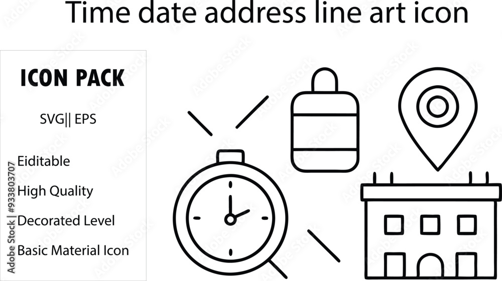 Time, date and address line icon set. Clock, calendar, location pin. Editable stroke. Vector ...
