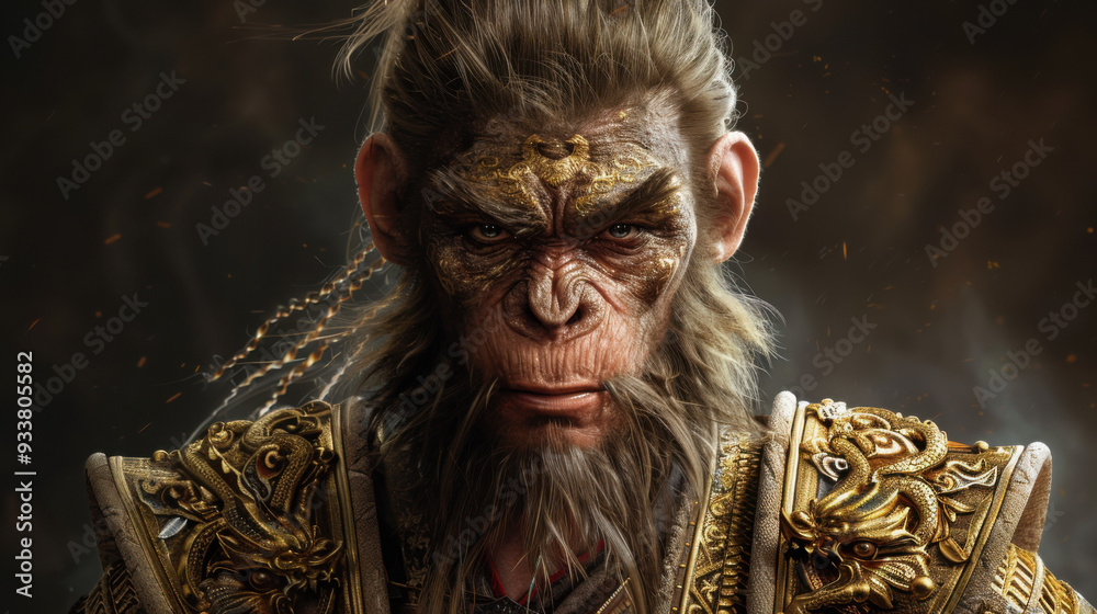 A dark, realistic, and epic poster design featuring a stoic monkey ...