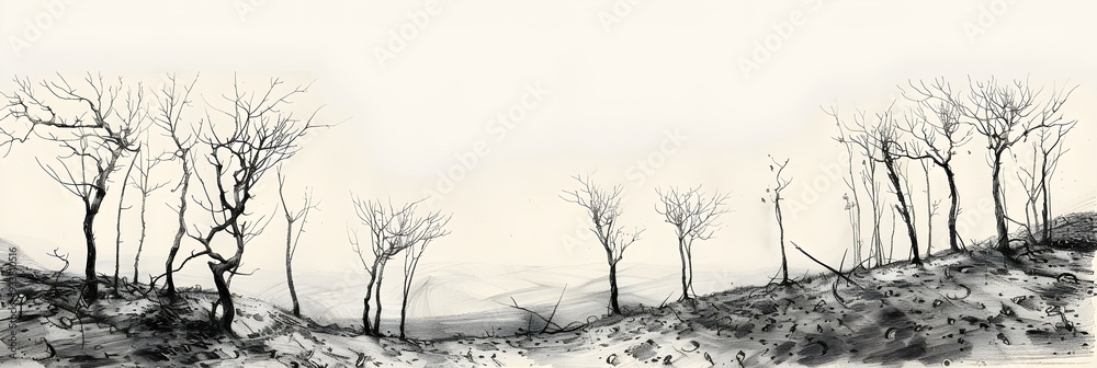 Gloomy Forest Landscape Sketch with Tall Leafless Trees and Overcast ...