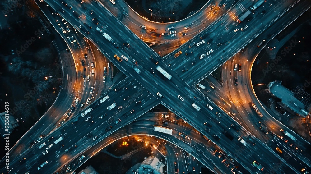 Aerial highway junction bustling with traffic, urban connectivity ...