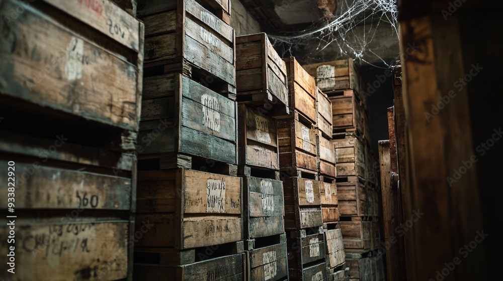 A stack of neatly arranged wooden crates, each labeled with old ...