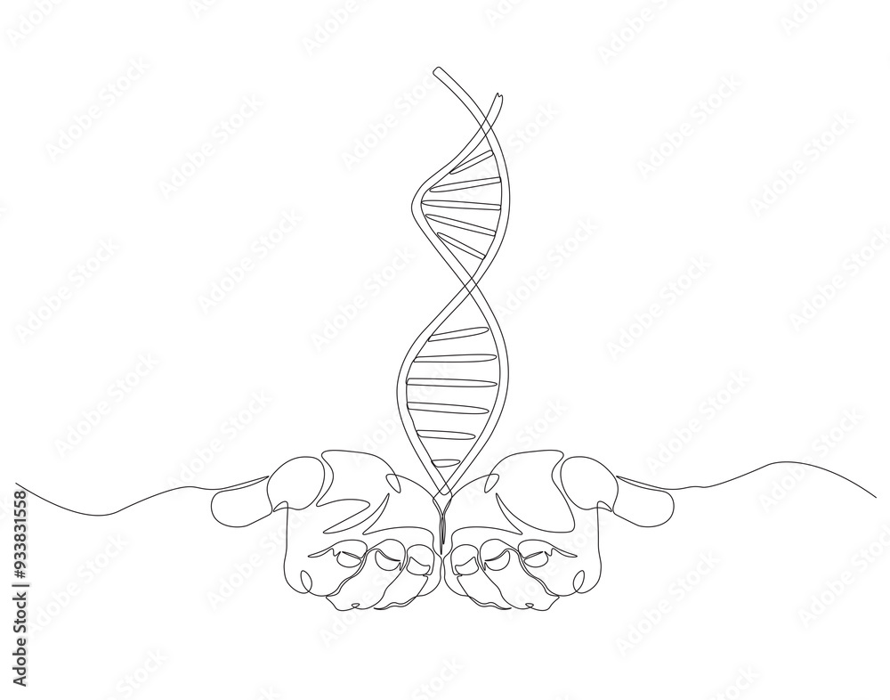 Continuous one line drawing of hand holding DNA. One line drawing ...