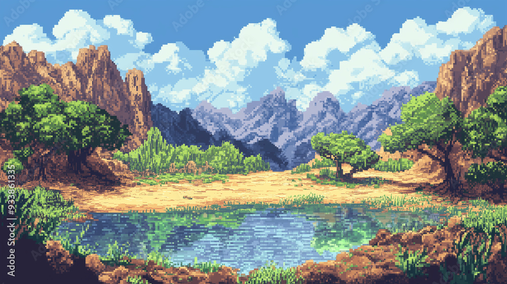 A pixelated oasis that gradually shifts from a vibrant green to a dry ...