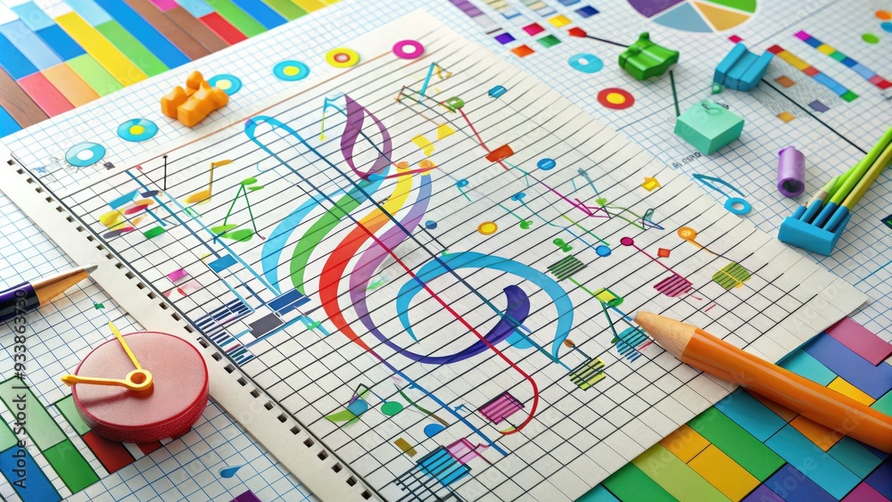 Colorful music notes and symbols overlaid on a grid paper, surrounded ...