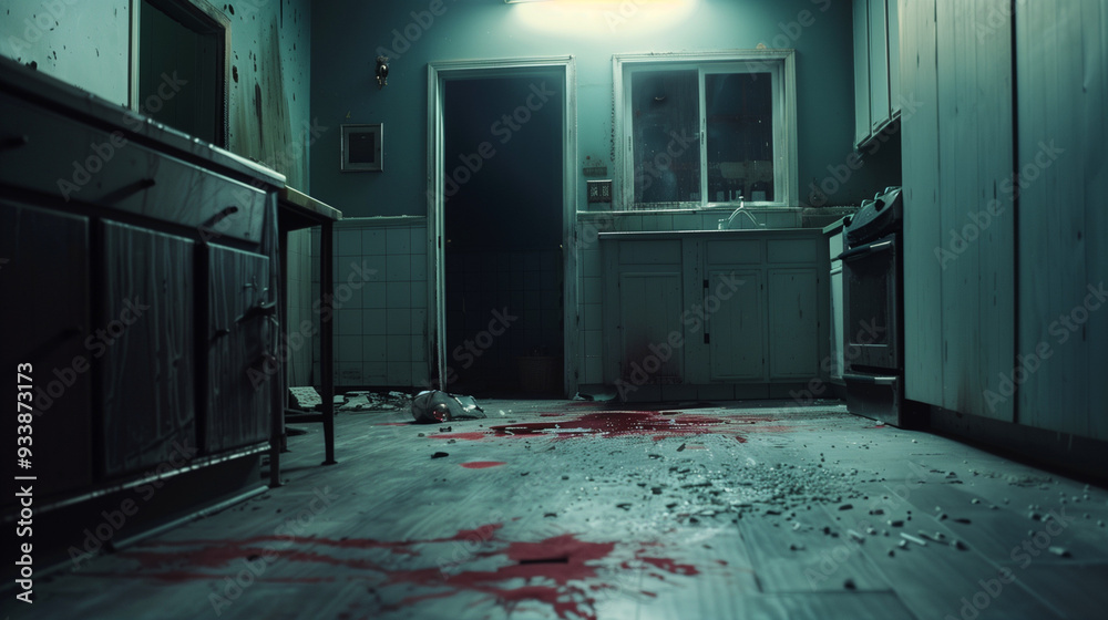 Eerie kitchen scene with blood-splattered floor, broken glass, and ...