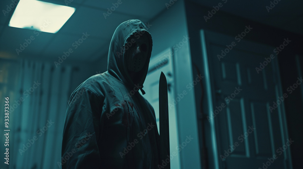 Masked figure of a serial killer in a dimly lit room holding a knife ...