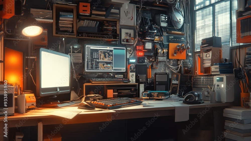 A cluttered computer desk with a desktop, a monitor, and a keyboard ...