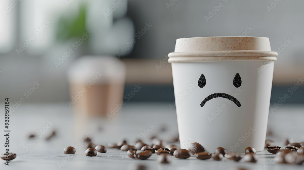 A cup of coffee with a sad face emoji on top surrounded by coffee beans ...