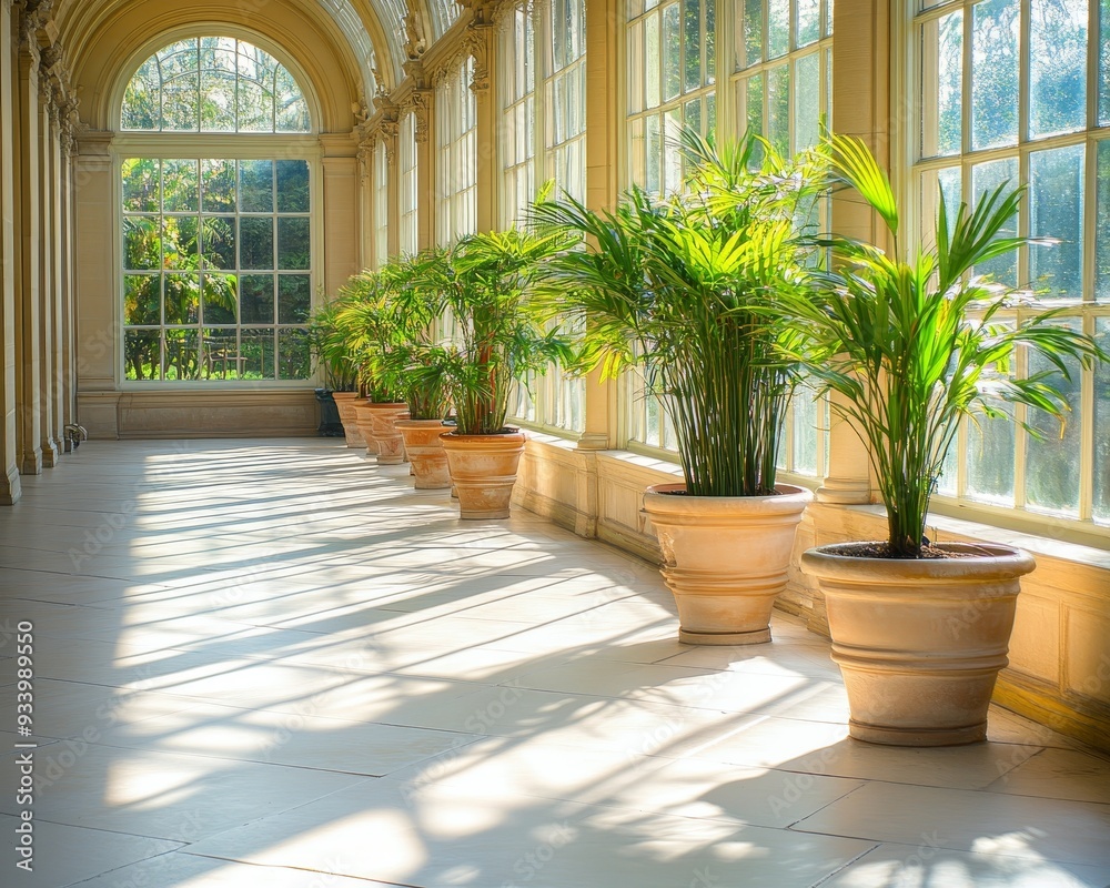 Sunlight streams through a grand conservatory casting long shadows on ...