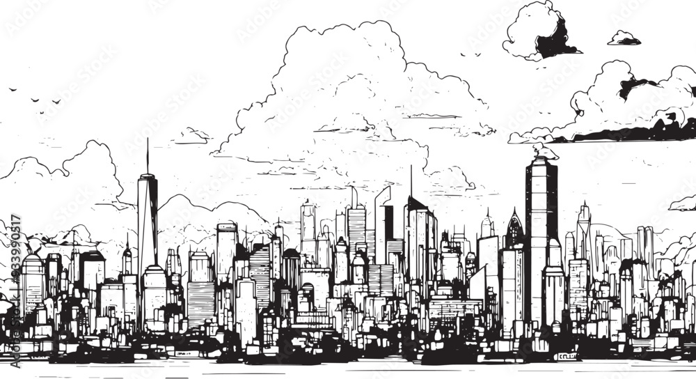 City landscape. Line urban backdrop. Skyline with clouds, different ...