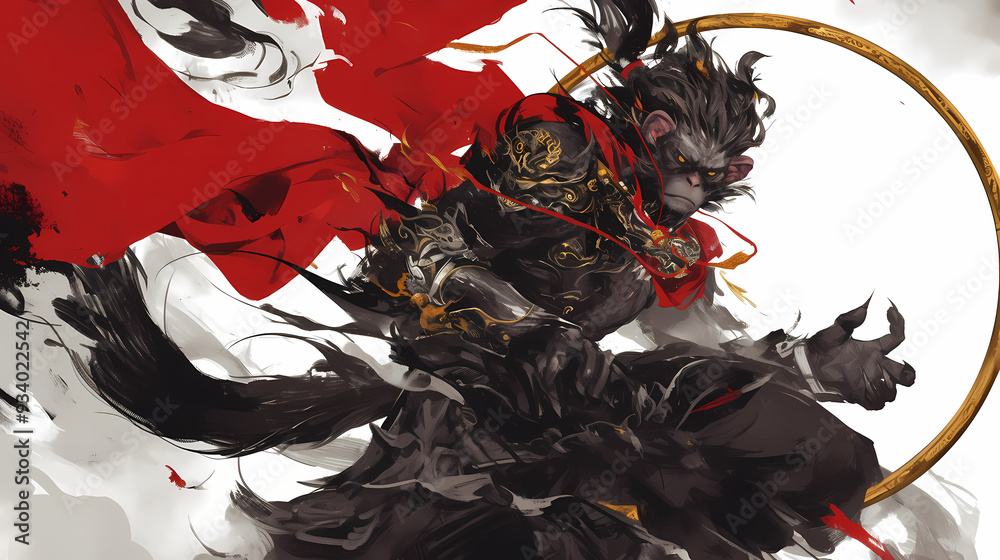 ynamic digital artwork of a warrior monkey in battle armor wielding a ...