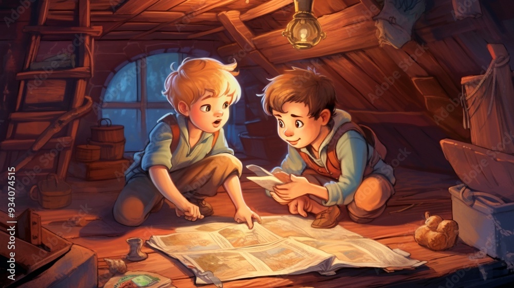 Children discovering a hidden treasure map in an old attic 2d cartoon ...