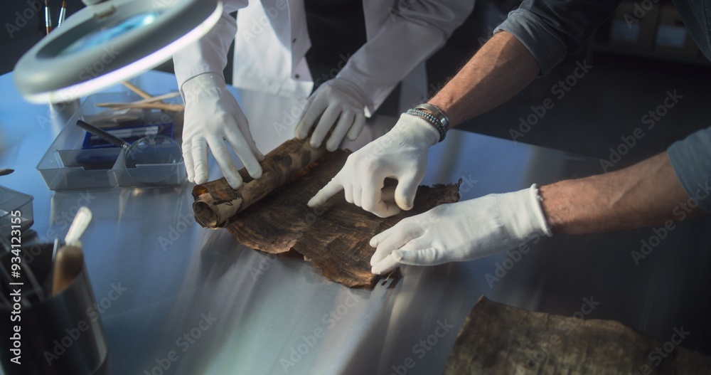 Two archaeologists in gloves carefully roll out ancient Egyptian ...
