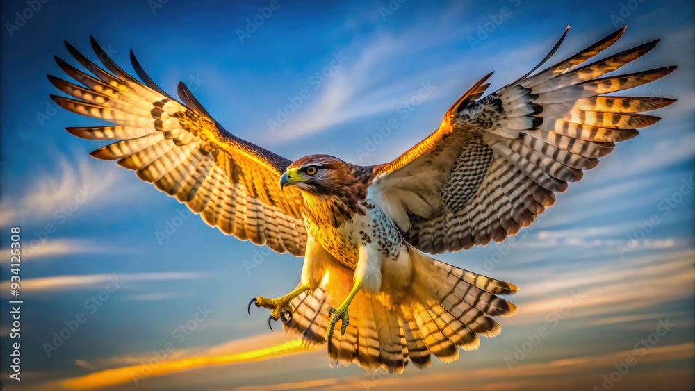 Majestic hawk in mid-flight, wings outstretched, feathers ruffled, and ...