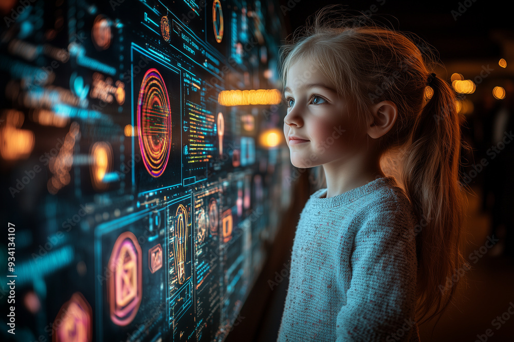 Children in a collaborative workspace, designing a digital poster on ...