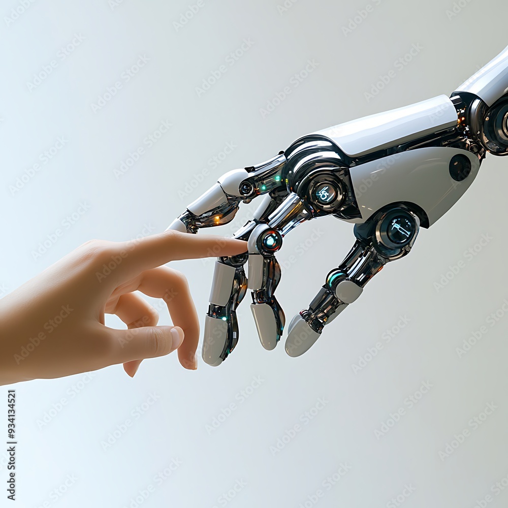 Robot hand reaching out to touch human finger symbolizing collaboration between technology and ...