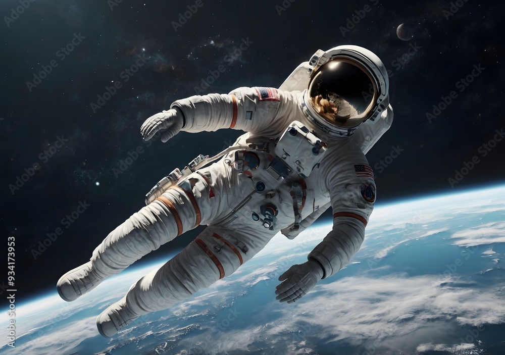 Astronaut flying in a supine position in space. 5K realistic science ...