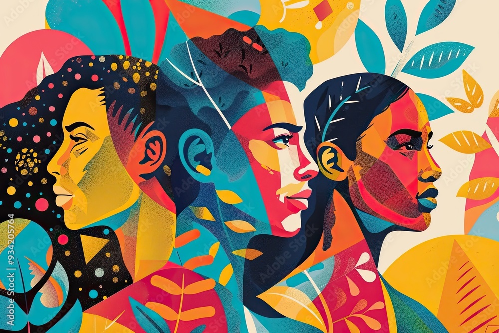 colorful poster illustration of three people's faces, each with ...