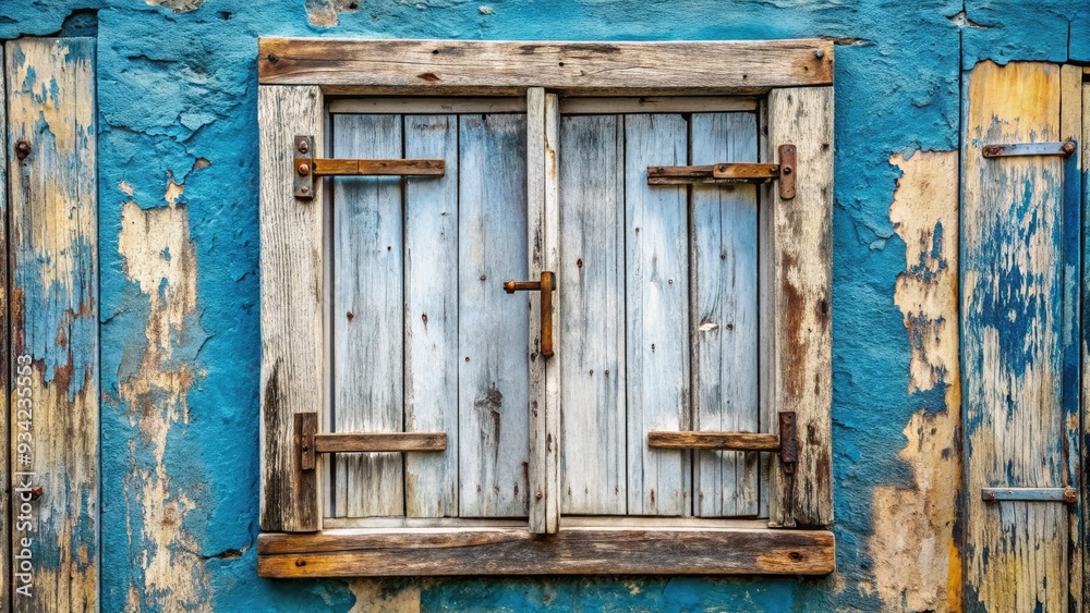 Rustic, worn wooden windows with peeling white paint and old-fashioned ...