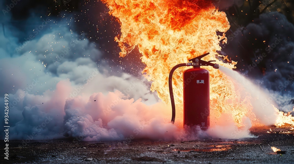 A fire extinguisher sprays foam onto a large fire, extinguishing the ...