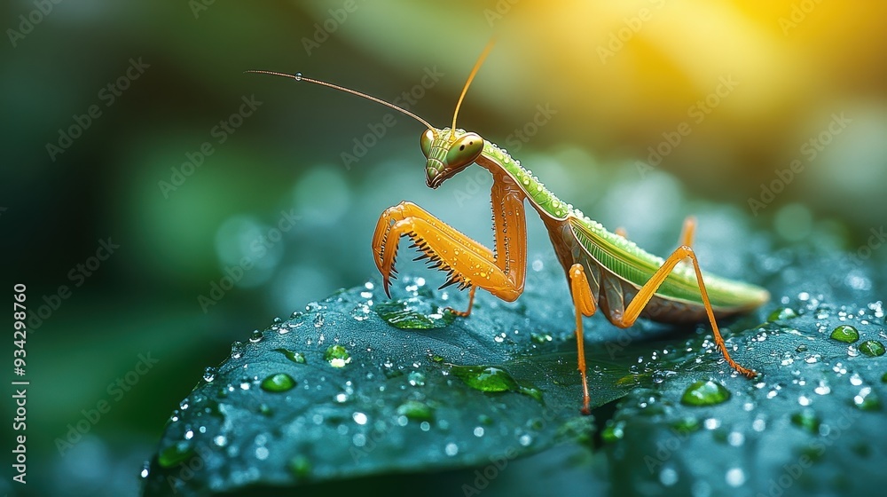 Macro Photography of a Praying Mantis on a Dew-Covered Leaf with Bokeh ...