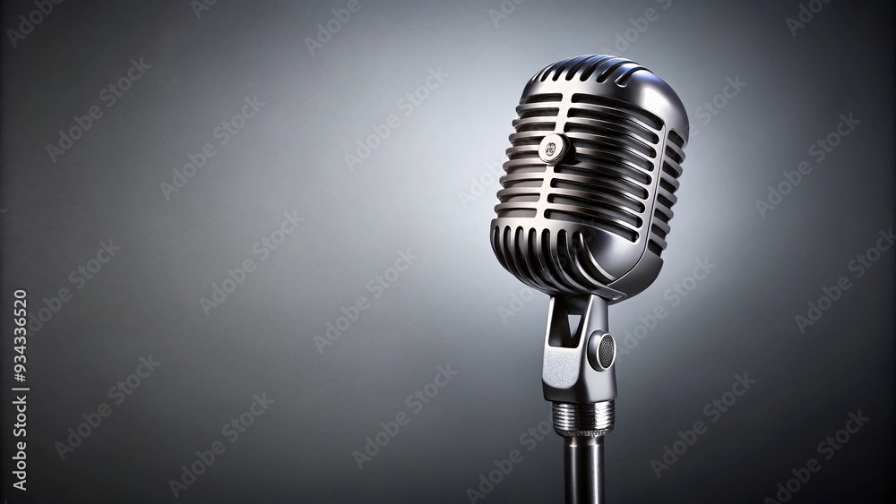 vintage microphone that is mounted on a stand. The microphone is silver ...