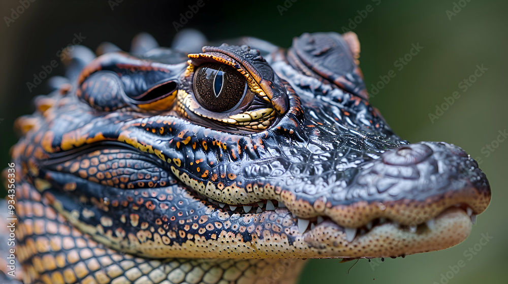 Amazon Broad-snouted Caiman face, its rough skin and eyes detailed with ...