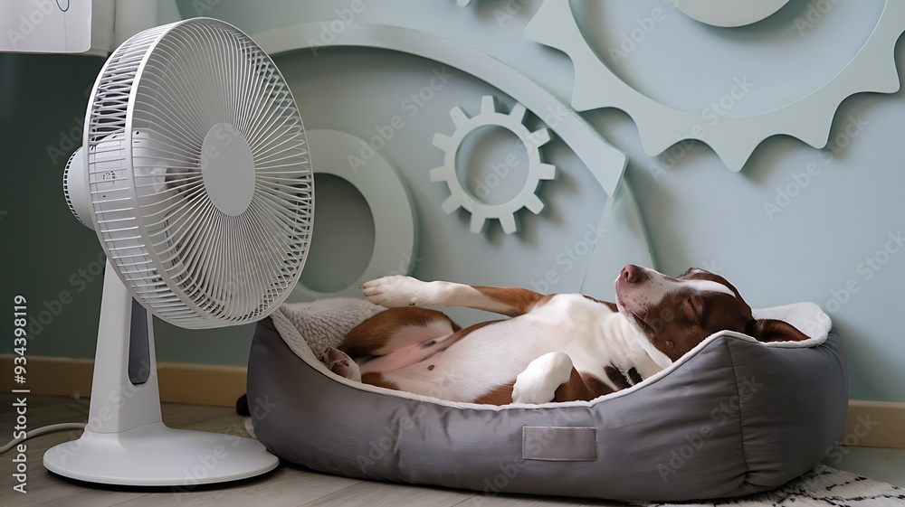 Relaxed Dog Cooling Off in Front of Fan on a Hot Day in Cozy Home ...