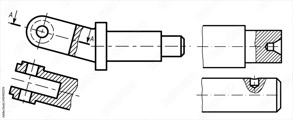 Vector drawing of steel mechanical part with through holes on white ...