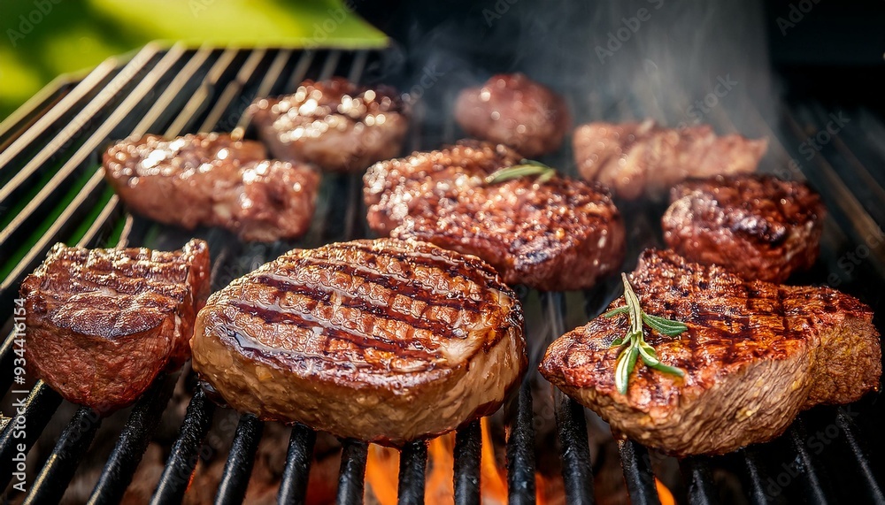 Various red meat on the grill; beef steaks and beef patties on the ...