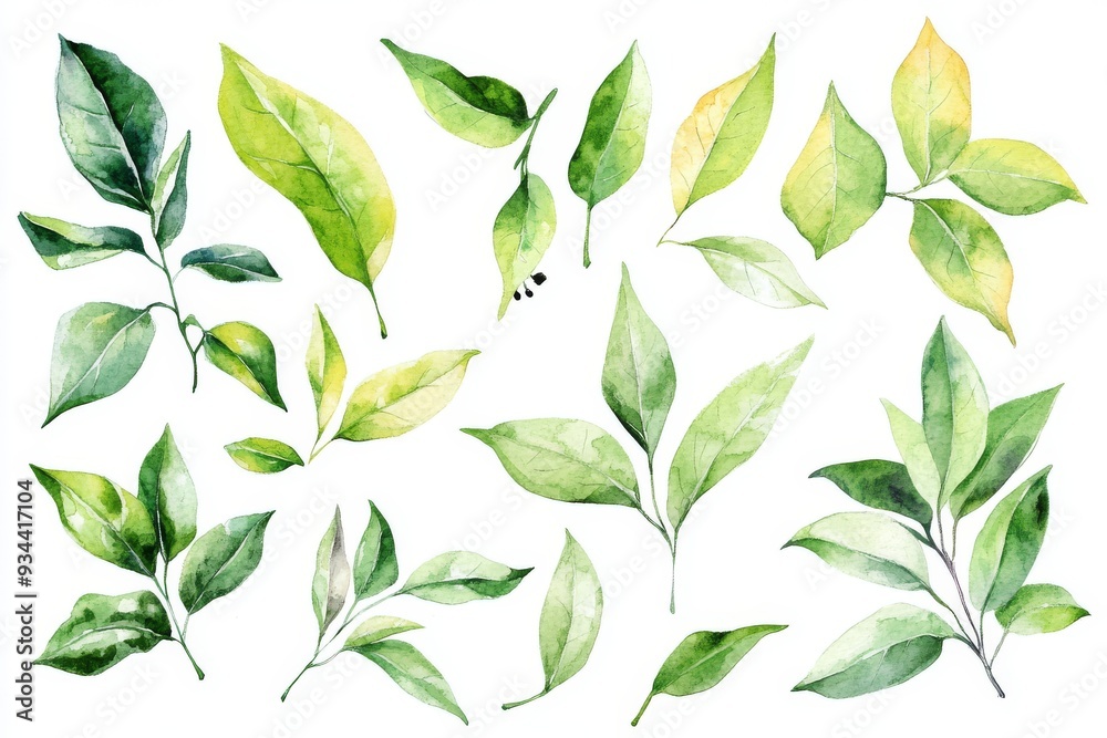 Clipart set with generative AI of watercolor Matcha Green tea leaves ...