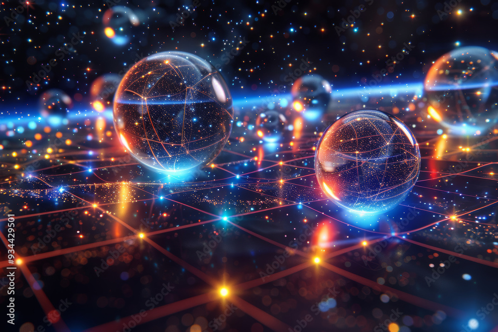 Glowing spheres float over a radiant grid, surrounded by twinkling ...