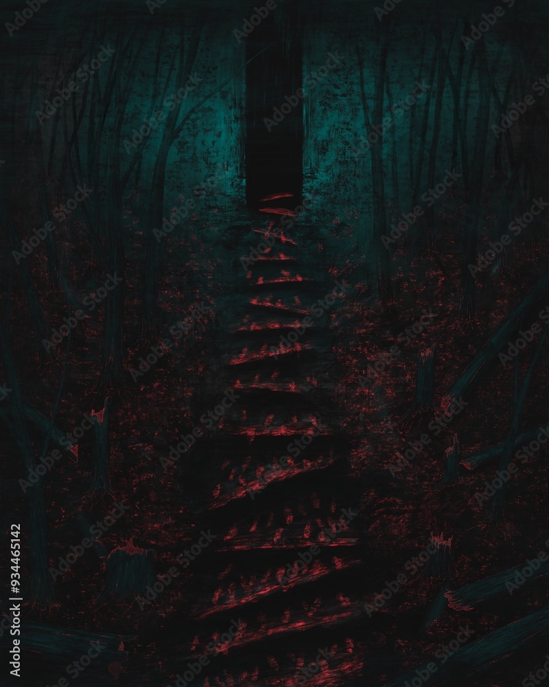 Dark steps in the fantasy forest, horror illustration, black metal ...