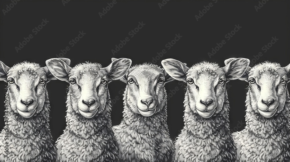Ink sketch illustration of a lamb set isolated on a black background ...