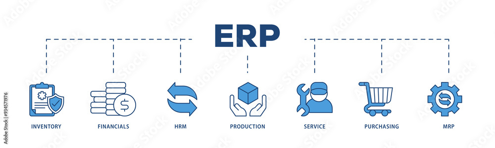 ERP icons process structure web banner illustration of inventory ...