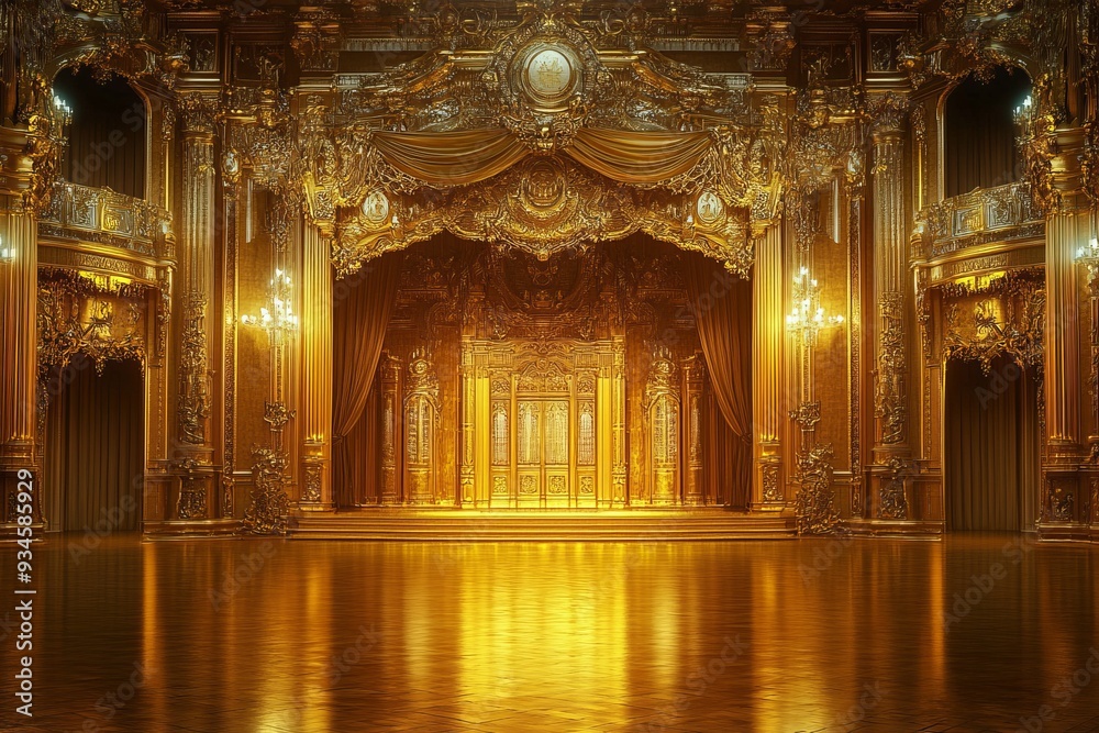 Empty golden palace background for theater stage scene, golden curtains ...