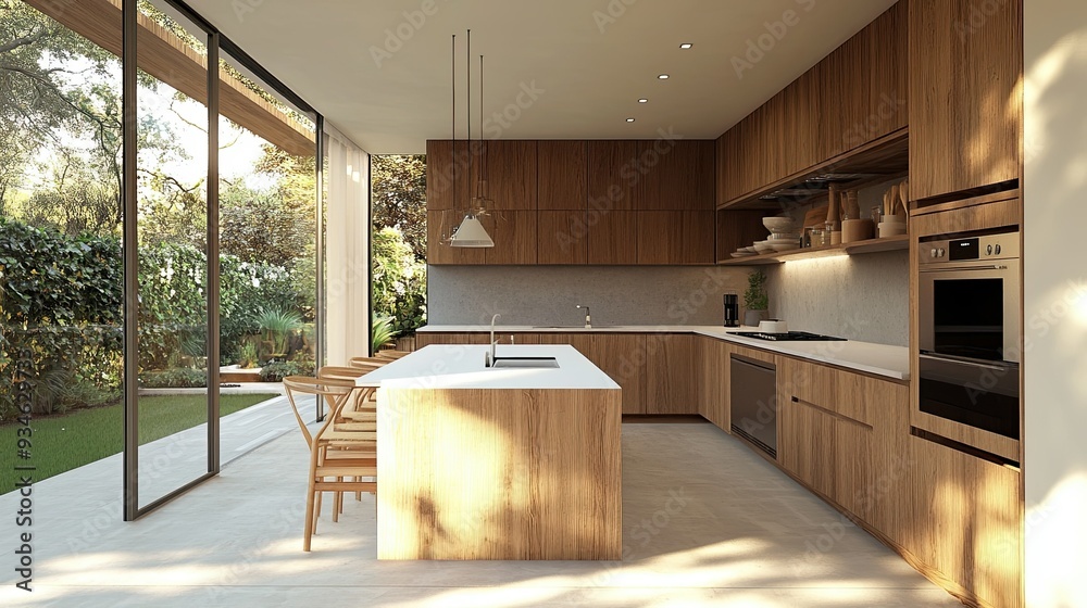 Bright, cozy kitchen featuring built-in wooden cabinets, a white top ...