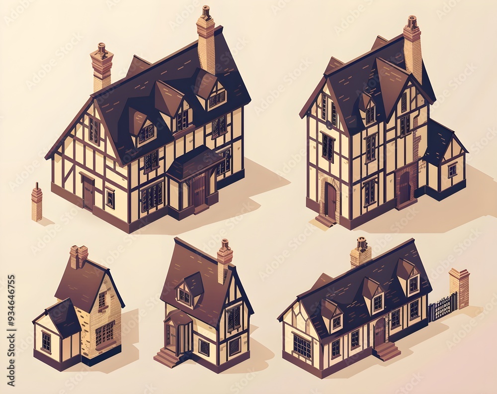 set of isometric houses, simple vector illustration, 3D render, front ...