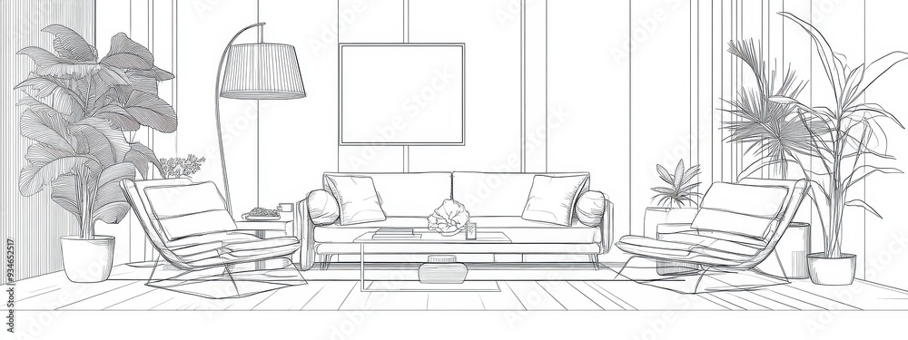 Line interior home art room design illustration outline sketch ...
