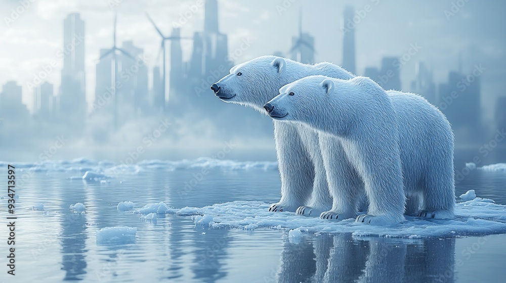 Melting ice caps due Climate Change with polar bears struggling to ...