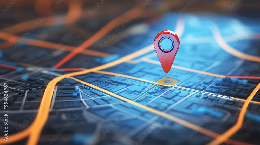 City map navigation interface with a GPS screen showing street roads ...