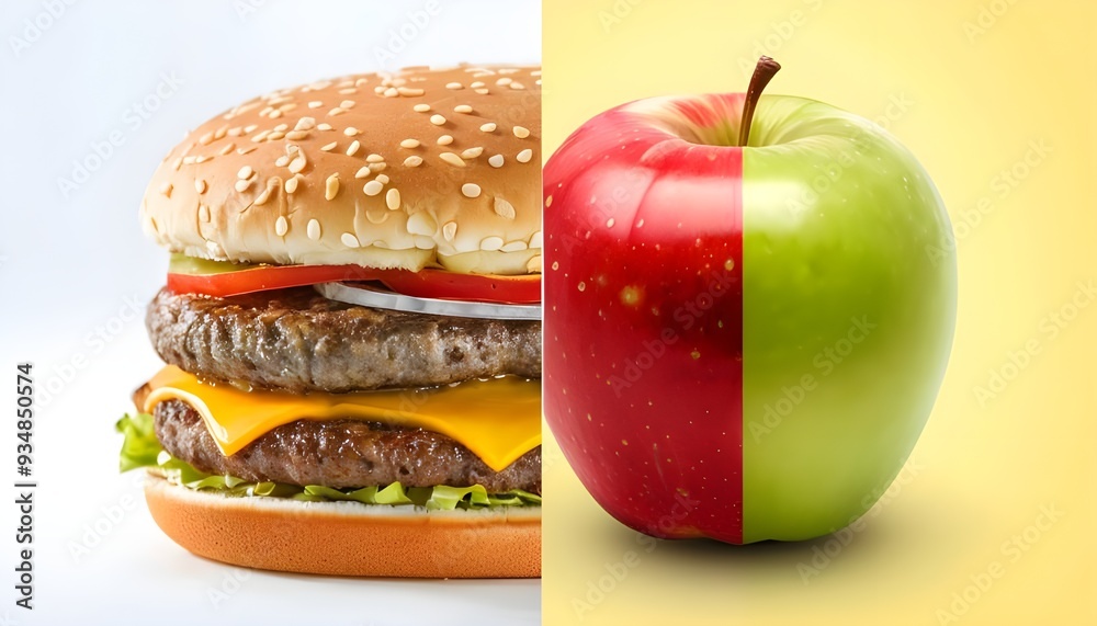 Image split in half, hamburger and apple. Healthy vs unhealthy food ...
