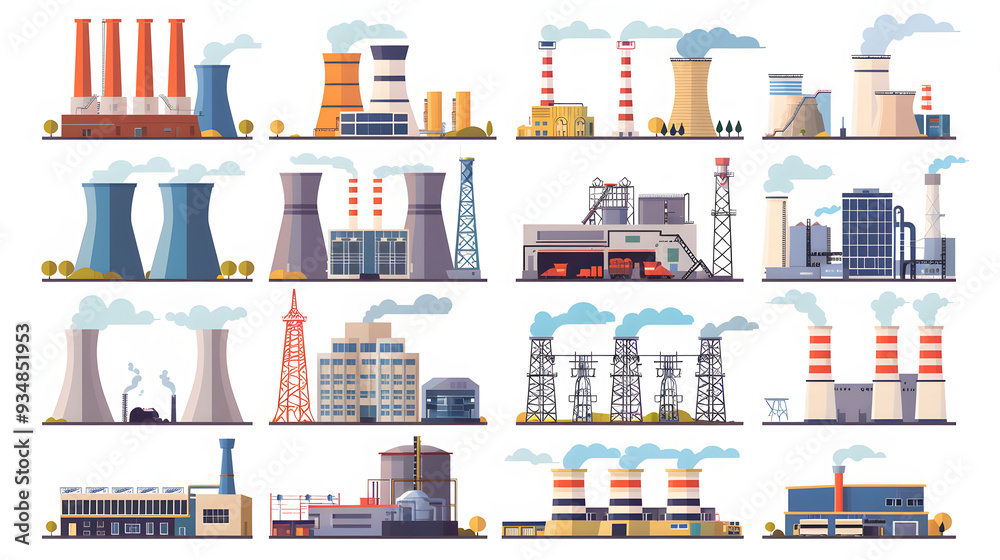 Set of power stations and plants for energy generation Different types ...