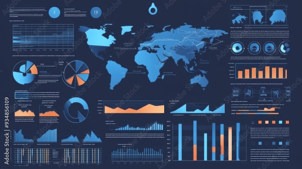 Infographic design components featuring pie charts and a step-by-step diagram using circles. The ...