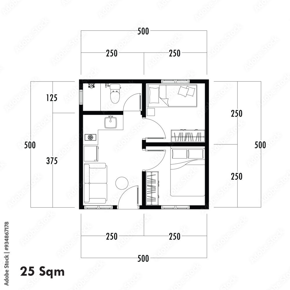 Floor plan blueprint type 25 sqm, Figure of the jotting sketch of the ...